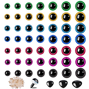 Ferenala 100Pcs 10-30mm Safety Eyes and Noses Large Plastic Craft Crochet Eyes Glitter Doll Eyes with Washers for Plush Animals Stuffed Animals DIY Puppet Bear Toy Doll Making Supplies (Multicolor)