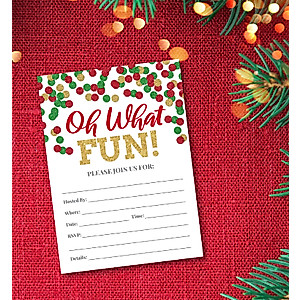 20 Holiday Party Invitations Oh What Fun with Red, Green and Gold Dots, (NOT real glitter) Christmas Eve, Office, Church, Bridal or Baby Shower, Friend, Family or Neighbor Season Events