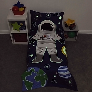 Everything Kids Space Astronaut - Navy, Green & Yellow Glow in The Dark 4Piece Toddler Bed Set - Comforter, Flat Top Sheet, Fitted Bottom Sheet & Reversible Pillowcase, Navy, Green, Yellow, White
