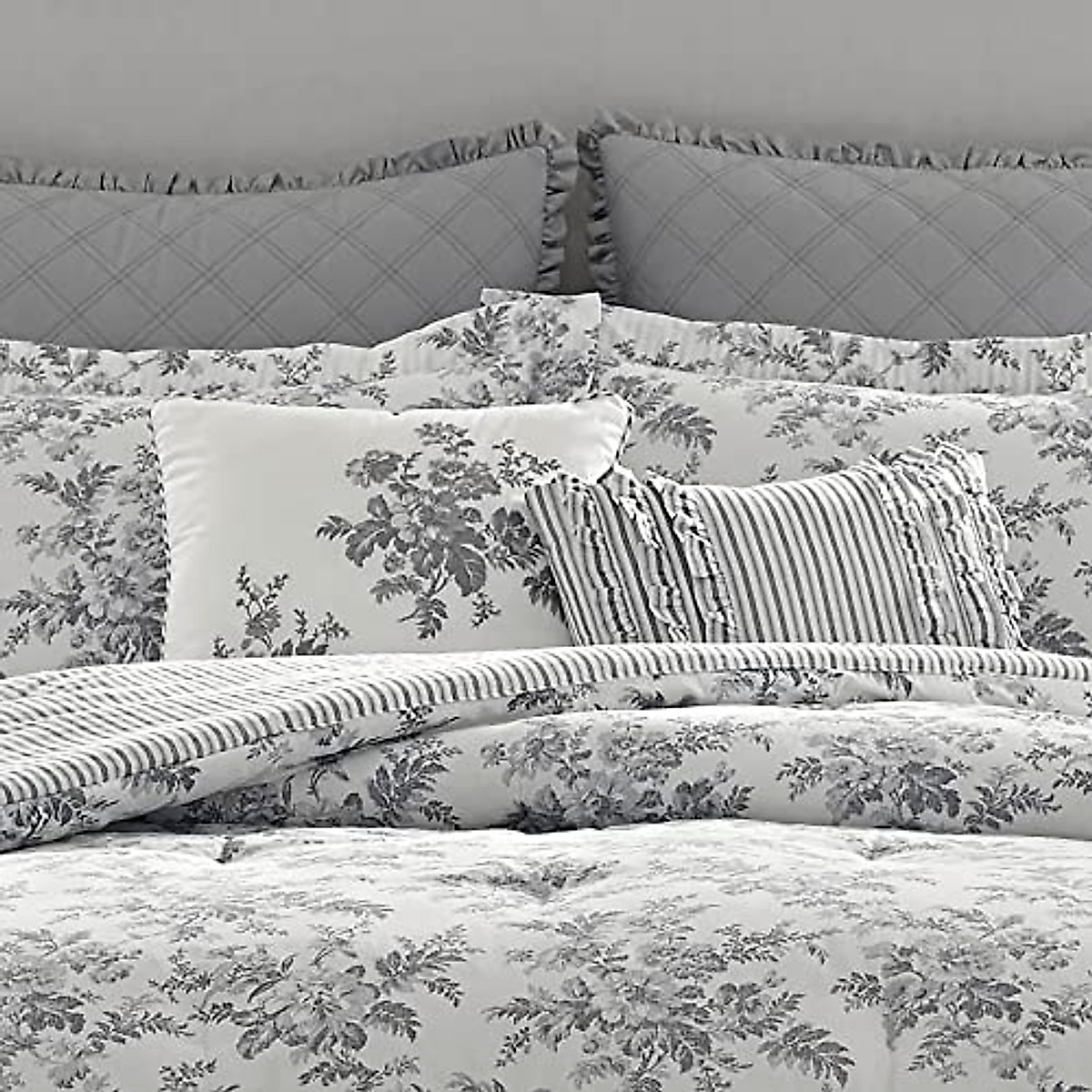 Laura Ashley- King Duvet Cover Set, Reversible Cotton Bedding Set, Includes Matching Sham(s) with Bonus Euro Sham(s) & Throw Pillow Covers (Annalise Floral Grey, King)