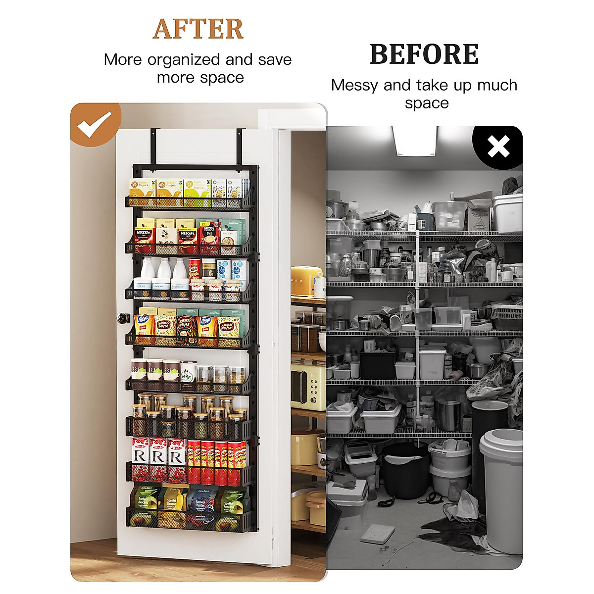 POKIPO 8-Tier Over the Door Pantry Organizer, Large Metal Door Spice Rack with Adjustable Basket, 2 in 1 Wall Mount or Hanging Heavy-Duty Pantry Door Storage Shelf for Kitchen and Bathroom, Black