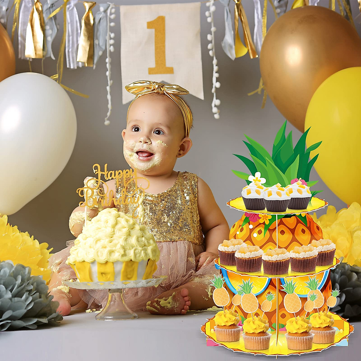 Zopeal 3 Tier Hawaiian Pineapple Cupcake Stand Pineapple Theme Cupcake Holder Luau Aloha Cake Holder Decorations Tropical Cupcake Dessert for Summer Pool Beach Baby Shower Birthday Party Supplies