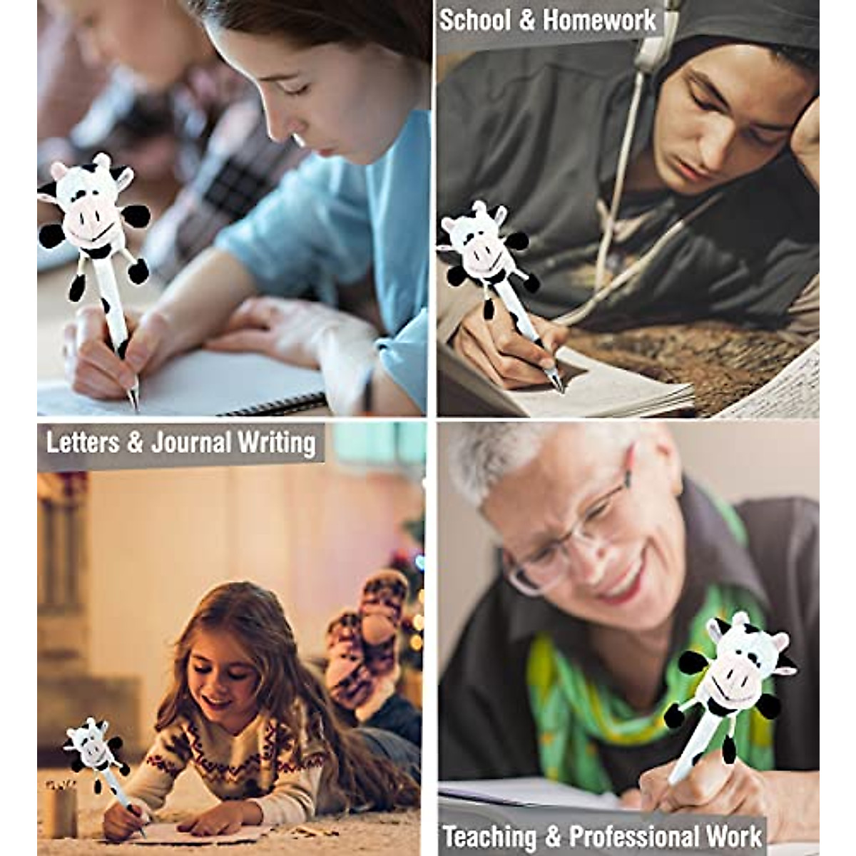 DolliBu White Cow Plush Pen - Cute & Soft Farm Life Stuffed Animal Ballpoint Novelty Pen Toy, Writing Pen Instrument For Cool Stationery School & Office Desk Decor Accessories for Kids & Adults