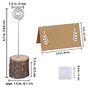 30 Pcs Rustic Wood Place Card Holders with Swirl Wire Wooden Bark Memo Holder Stand Card Photo Picture Note Clip Holders 5.8" and Kraft Place Cards Bulk for Wedding Party Table Number Name Sign