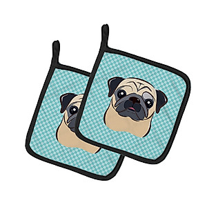 Caroline's Treasures BB1200PTHD Checkerboard Blue Fawn Pug Pair of Pot Holders Kitchen Heat Resistant Pot Holders Sets Oven Hot Pads for Cooking Baking BBQ, 7 1/2 x 7 1/2