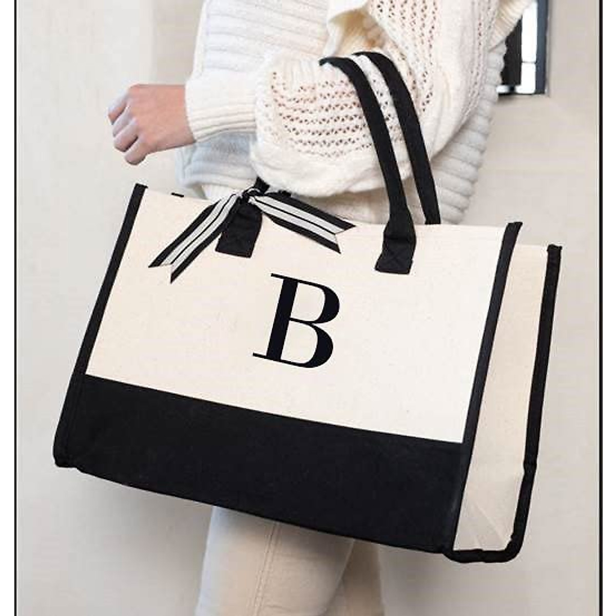 Mud Pie Classic Black and White Initial Canvas Tote Bags (B), 100% Cotton, 17" x 19" x 2"