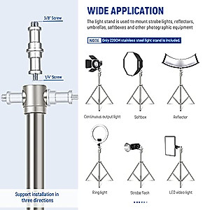 NEEWER 7.2ft/2.2m Stainless Steel Light Stand, Spring Cushioned Heavy Duty Photography Tripod Stand with 1/4” to 3/8” Universal Screw Adapter for Strobe,LED Video Light,Ring Light, Monolight, Softbox