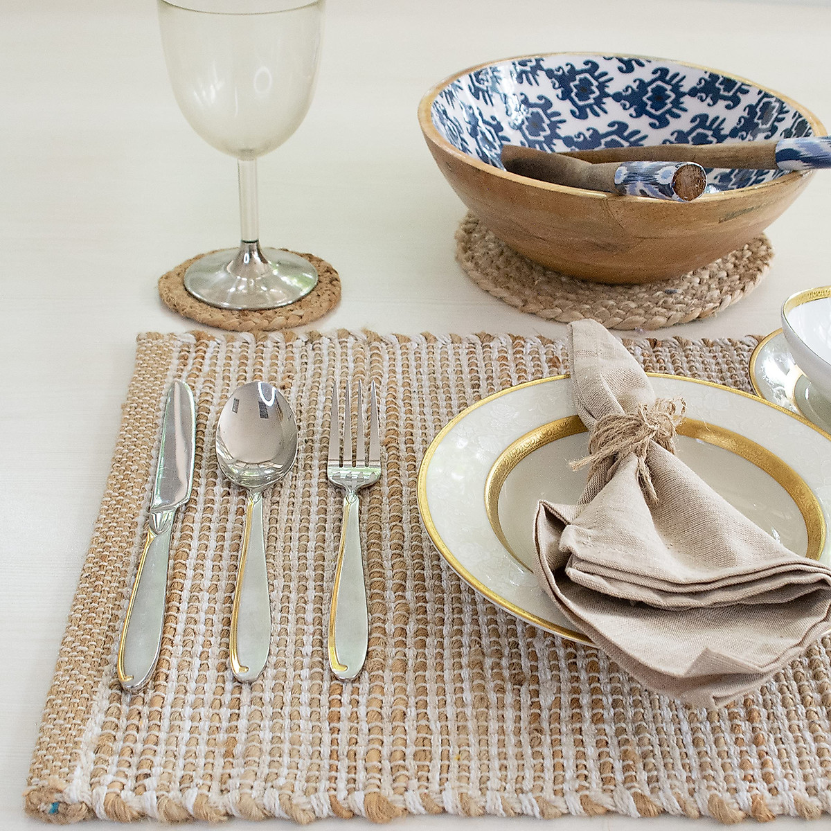 Chardin home | Natural Jute Placemats Set of 4 | 13x19 Inch. Rustic Farmhouse Place mats | Table mats Colors - Natural Jute and Ivory
