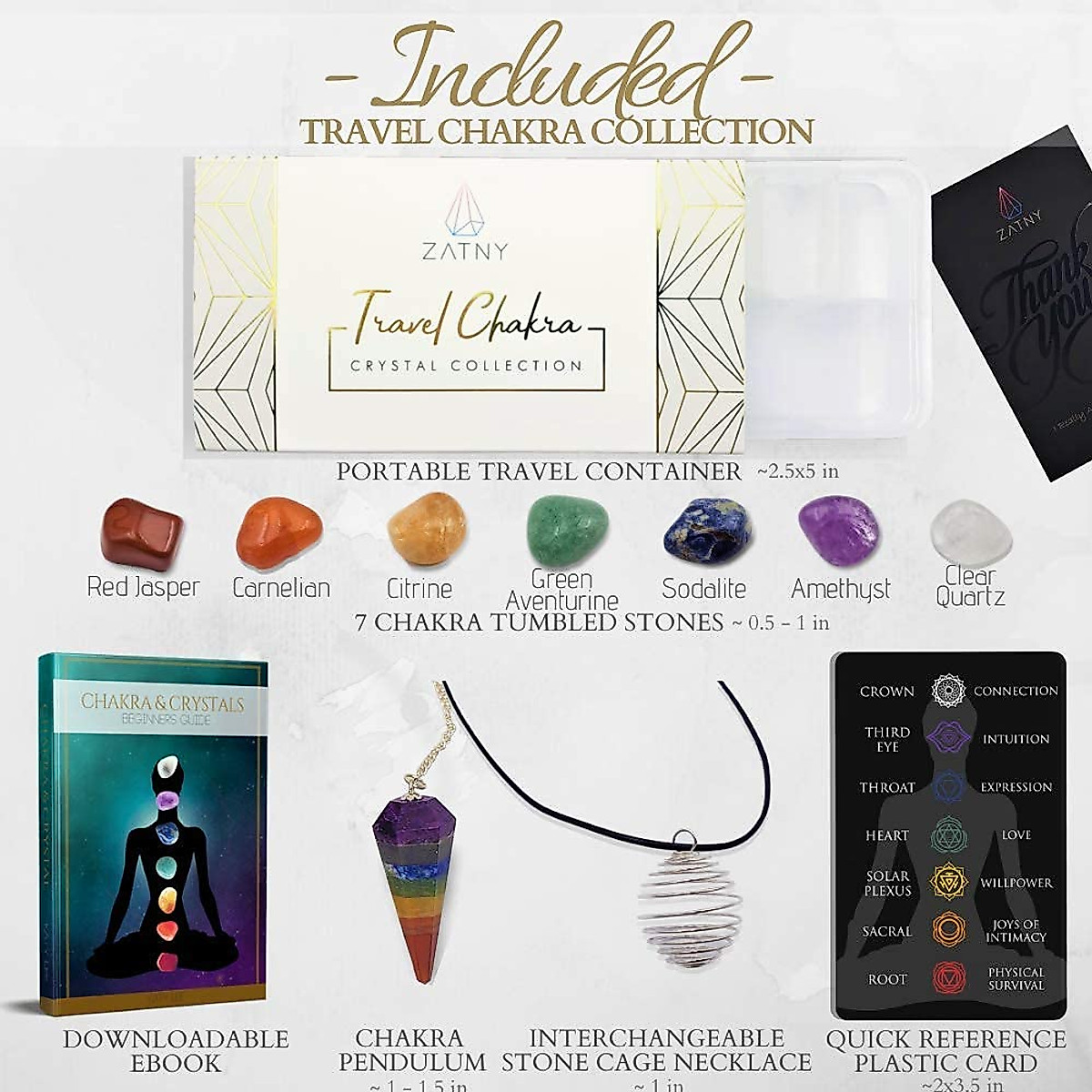 ZATNY Travel Chakra Crystals and Healing Stones Collection - 7 Chakra Set Tumbled Stones, Chakra Pendulum, Interchangeable Cage Necklace, Reference Card, Portable Case, Ebook