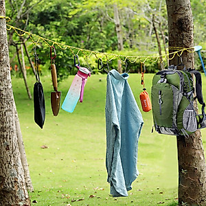 Campsite Storage Strap Camping Accessories, Outdoor Equipment Tent Lanyard Travel Hanger Clothesline Camping Essentials with 12 Ring Buckle & 6 Clothes Pins for Camper Family RV Trailer Hanging Gear