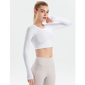 Women Fitness Seamless Long Sleeve Crop Workout Yoga Tops Gym Running Thumb Hole Shirts White L