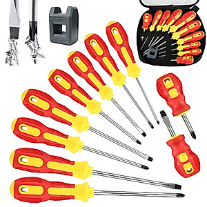 VHEONET Magnetic Screwdriver Sets 10 PCS,Craftsman Screwdriver Set with Bag,Flat Head Phillips Screwdriver, Non-Slip Cushion Grip for Repair Home Improvement,Red & Yellow