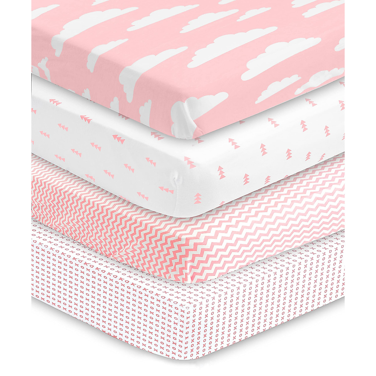 BaeBae Goods Premium Crib Sheets for Baby Girls, 4 Pack, Soft and Breathable Jersey Knit Fitted Sheet Set, Pink and White, Cute Girls Nursery Mattress Bedding, Universal Fit