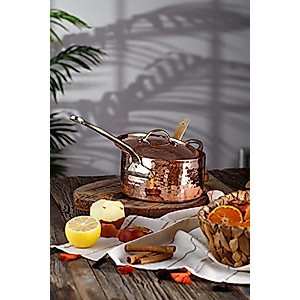DEMMEX 1.2mm Thick Hammered Uncoated Copper Saucepan with Lid & Helper Handle, Food-Safe Tin Lined (1.7-Quart)