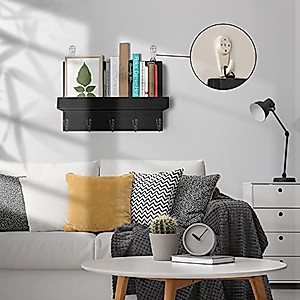 【Upgraded】Key Holder, Thick Back Panel and Widened Shelf - 5 Heavy Metal Hooks, 11.75x3.13x7 in Decorative Key and Mail Holder for Walls, Corridor Kitchen Farmhouse Decoration Key Rack, Black (Black)