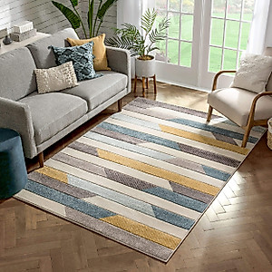 Well Woven Ruby Geometric 8x10 Area Rug Blue Gold & Grey Vibrant Modern Contemporary Hand Carved Stripes Design Perfect for Living Room Dining Room or Bedroom Plush Easy-Care Easy-to-Clean Carpet