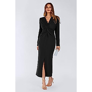 PRETTYGARDEN Women's Fall Fashion 2023 Long Puff Sleeve Maxi Dresses V Neck Twist Front Formal Dress with Slit (Black,Medium)
