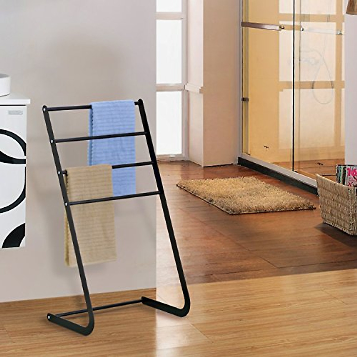 MyGift 4 Tier Freestanding Black Metal Towel Rack Stand for Bathroom and Laundry Room Drying Stand - Made in Taiwan