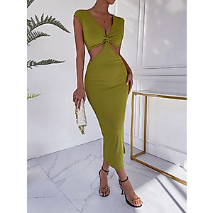 SOLY HUX Women's Sleeveless Deep V Neck Twist Front Cut Out Split Hem Bodycon Dress Olive Green M