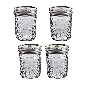 Regular Mouth Quilted Crystal Jelly Mason Jars 8 oz - (4 Pack) - Ball 8-Ounce Quilted Crystal Jelly Jars with Lids and Bands - For Canning, Fermenting, Pickling, Freezing - Glass jar, Microwave & Dishwasher Safe