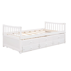 Harper & Bright Designs Twin Captain’s Bed with Trundle and Drawers, Wooden Daybed with Storage Twin Platform Bed Frame for Kids Guests (Twin Size, White), HJH-LP241AAK