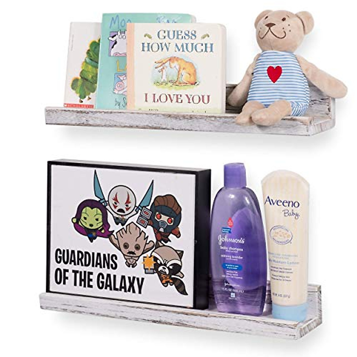 Rustic State Ted Wall Mount Narrow Picture Ledge Shelf Photo Frame Display - 17 Inch Floating Wood Shelves for Living Room Office Kitchen Bedroom Bathroom Décor - Washed White - Set of 2