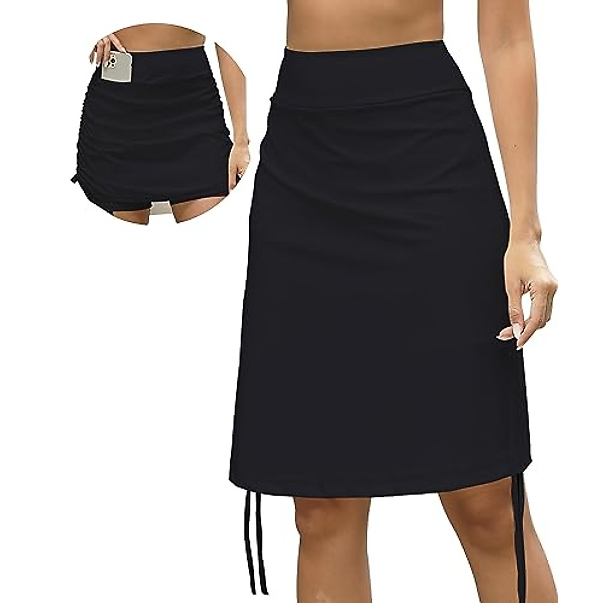 Cakulo Athletic Skorts for Woman Drawstring Knee Length Swim Golf Tennis Skirts Pocket Casual High Waist Skirt Black XL