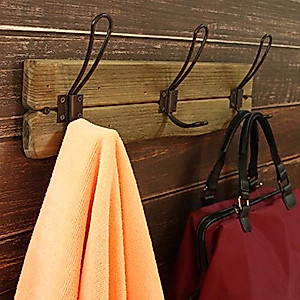 CVHOMEDECO. Rustic Solid Wood Wall Mounted Coat Rack with 3 Double Hooks Primitives Wooden Coat Hooks for Entryway, Kitchen, Bathroom. Brown.