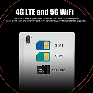Tablet 10 Inch, Tablet PC 4GB 256GB Support 4G Network Front 5MP Rear 8MP 2.4G 5G WiFi Calling Tablet with Front 5MP Rear 8MP Camera, 7000mah Battery (Silver)
