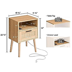 Labcosi Mid Century Modern End Table, Natural Rattan Nightstand with Charging Station, Wooden Bedside Tables for Living Room and Bedroom, Natural Wood Side Table with Storage Drawer