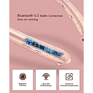 Bluetooth Headphones, Wireless Neckband Headset with Retractable Earbuds, Stereo Earphones w/Noise Canceling Mic for Conferences, Work Out, Travel, Compatible with Android iPhone (Rose Gold)