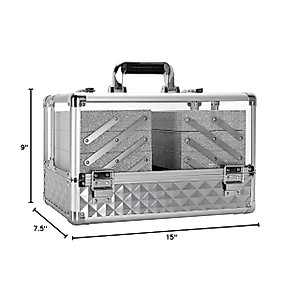 Ver Beauty 3.8mm Armored Acrylic Makeup Case Jewelry Portable Travel Art Craft Tattoo Organizer with 6 Extendable Trays Clear Cover Micro-Fiber Cloth Brush Holders Keylocks, Silver Diamond