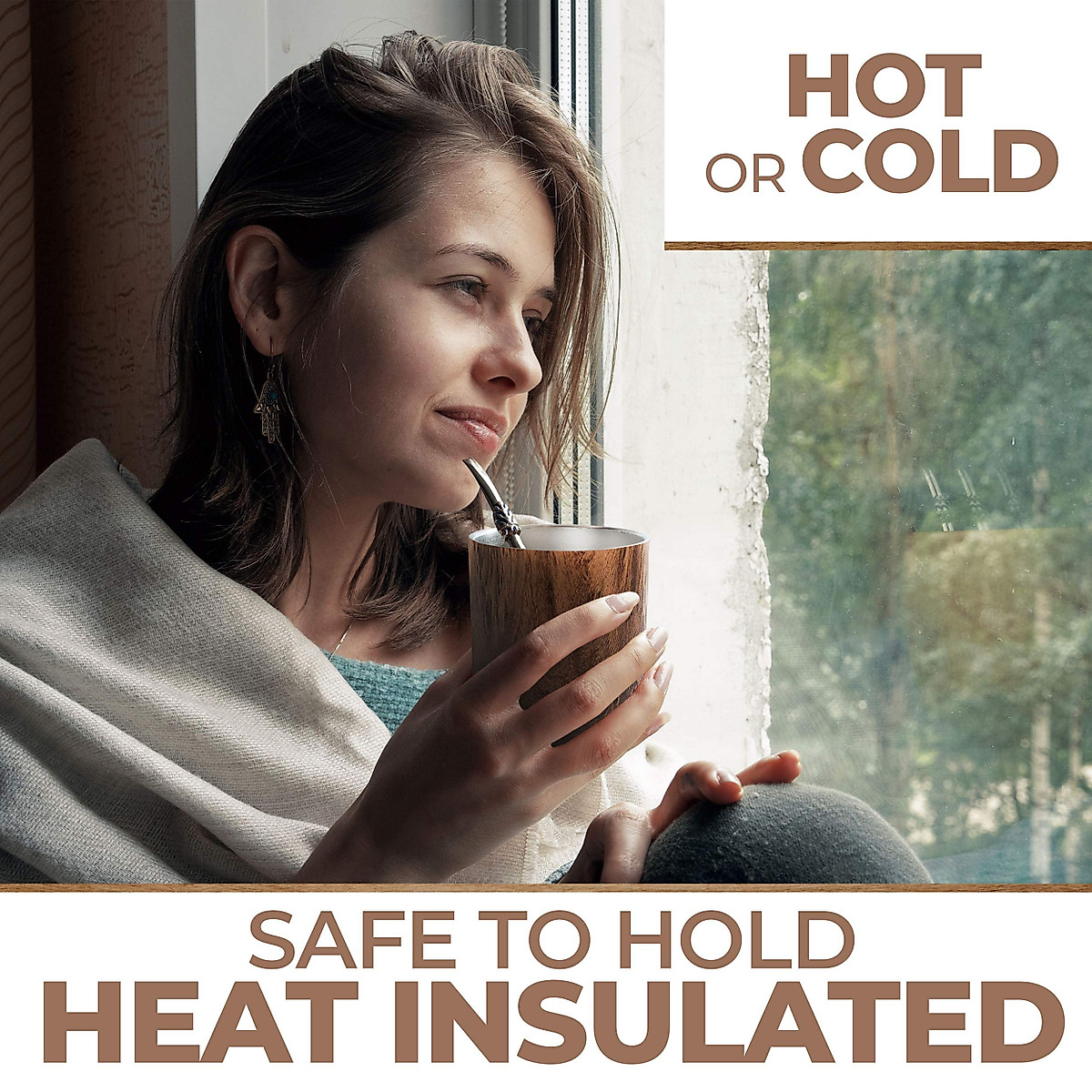 Norte Yerba Mate Cup Set Natural Brown (Mate Gourd - 12 Ounces), Includes Bombilla (Yerba Mate Straw), Lid & Cleaning Brush, 18/8 Stainless Steel Double-Walled Tea Cup, Easy to Clean