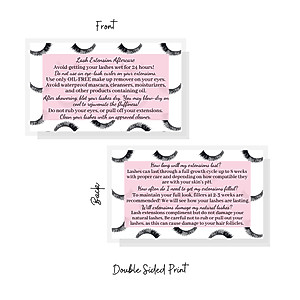 Lash Extension Aftercare Cards | 50 Pack | Eyelash Extension Supplies | Lash Print & Pink Design | Size 3.5 x 2" inches | After Care (2-3 Week Fillers)