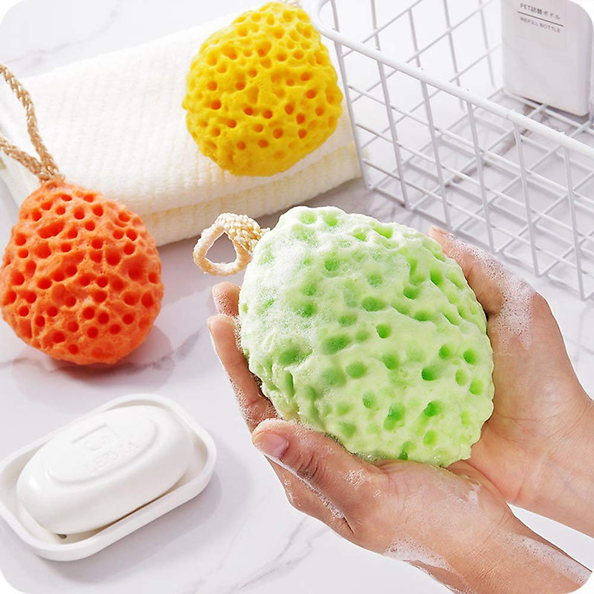3 Pack Natural Bath Sponges, Loofah Shower Sponge Body Scrubber Exfoliating Cleaning Body Sponge for Men Women Kids