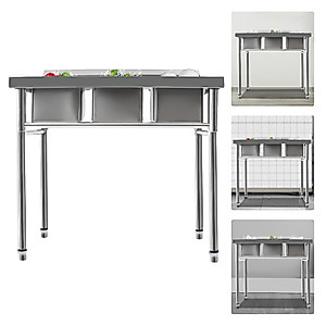 Florchest Standing Three Bowl Kitchen Sink Set, 3 Compartment Commercial Kitchen Sink Stainless Steel/Garage Prep & Utility Sink for Restaurants Kitchen, Laundry Room,Outdoor