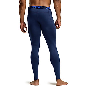TSLA Men's Thermal Compression Pants, Athletic Sports Leggings & Running Tights, Wintergear Base Layer Bottoms, Pocket Midnight Navy, Medium