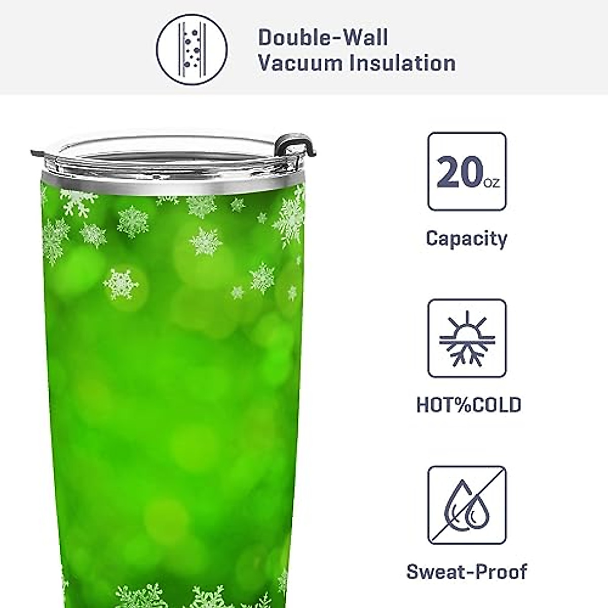 Jihqo Christmas Green Snowflake Tumbler with Lid and Straw, Insulated Stainless Steel Tumbler Cup, Double Walled Travel Coffee Mug Thermal Vacuum Cups for Hot & Cold Drinks 12oz