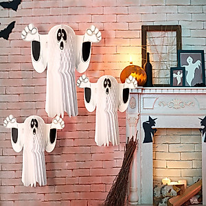 Fourluoo 4 Pcs Halloween Ghost Hanging Decorations Honeycomb Tissue Paper Ghost Shaped Party Decoration Ghost Paper Lanterns for Home Outdoor Decor(21.7" X 16.5", 15' X 12.6",Scary)