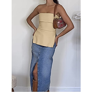 Lauweion Women's Strapless Side Zipper Tube Top Sexy Off The Shoulder Stretch Going Out Bandeau Tank Apricot