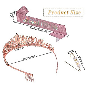 LMJUNZZ Rose Gold Birthday Princess Sash and Crown Set, Adjustable Glitter Sash Rhinestone Crown, Brooch, for Girls' Birthday Decorations
