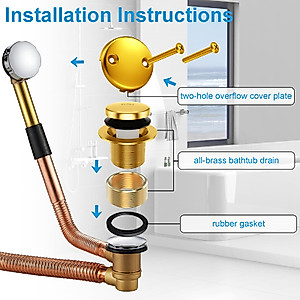 Bathtub Drain Kit Tub Drain Kit - Copper Tip-Toe Bath Tub Drain and Overflow Kit, Universal Bathtub Drain Stopper with Two-Hole Overflow Cover Plate, Brushed Gold