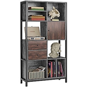 AOGLLATI 6-Tier Industrial Bookshelf, Bookcase with Cabinet and 2 Fabric Drawers, Adjustable Display Shelves with Metal Frame, Standing Storage Shelf for Living Room Bedroom Kitchen Home Office