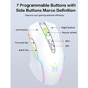 PHNIXGAM Wired Gaming Mouse, Ergonomic RGB Computer Mouse with RGB Backlight, Adjustable DPI UP to 6400, 7 Programmable Buttons for Windows Vista Linux (White)