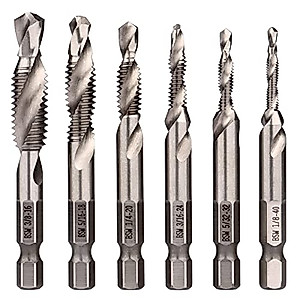 Wolfride 6Pcs 1/4-Inch Hex Shank Combination Drill and Tap Bit Set Metal Deburr Countersink Drill Bit 1/8 inch-3/8 inch
