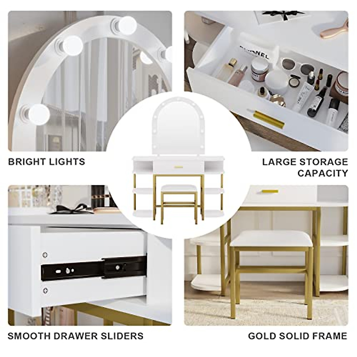 Semiocthome White Vanity Mirror with Lights and Table Set with Drawers, 9 LED Lights Makeup Vanity Desk with Stool, Girls Vanity Table with 6 Shelves, Gold Metal Frame Dressing Table with Chair