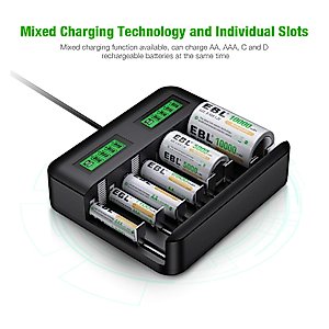 EBL LCD Rechargeable Battery Charger - 8 Bay AA AAA C D Battery Charger for Rechargeable Batteries Ni-MH AA AAA C D Batteries with 2A USB Port, Type C Input