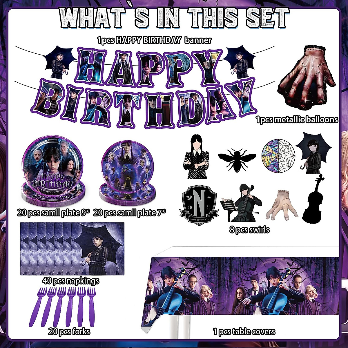 111pcs Happy Birthday Decorations Tableware Pack, includes Birthday Banner, Hanging Swirls, Foil Balloon, Plates, Napkins, Fork, Tablecloth, Happy Birthday Party Supplies