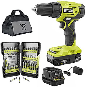 Ryobi Drill Set Bundle with Ryobi 1/2 Inch ONE+ Drill Driver, 1.5 Ah 18-Volt Battery, 40 Piece Drill Bit Set, and 16 Inch Buho Tool Bag