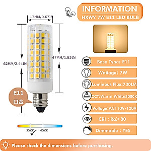 HXWY E11 LED Bulb, Mini Candelabra Base, Omni-Directional 7W 730LM 120V E11 Indoor Lighting Bulb Replaces T3/T4 JD E11 Warm White 3000K(Pack of 4)